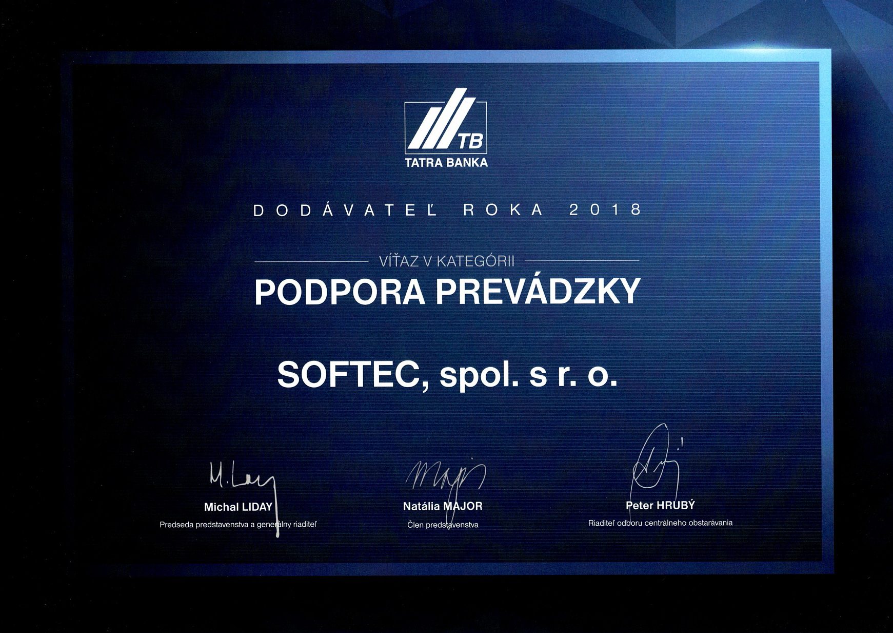 Tatra Banka Top Supplier 2019 | Softec
